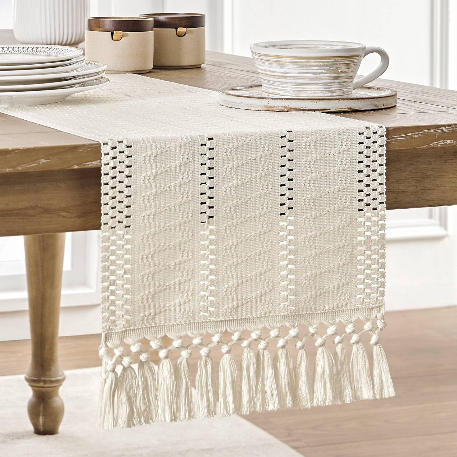 Boho Table Runner 12"x90" – Macrame Style Ivory Woven Table Runner ...