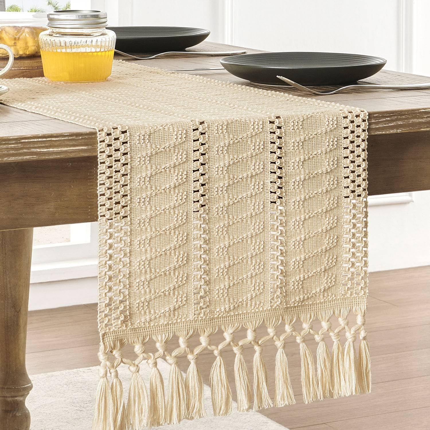 Boho Table Runner, Macrame Style Ivory Table Runners Farmhouse Woven ...