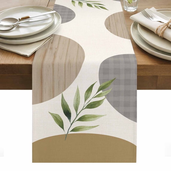 Boho Table Runner Modern Art Leaves Abstract Brown Gray Geometric ...
