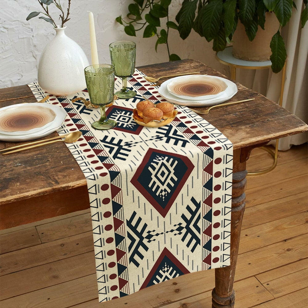 Boho Table Runner, Southwestern Native Tribal Ethnic Linen Burlap Table ...