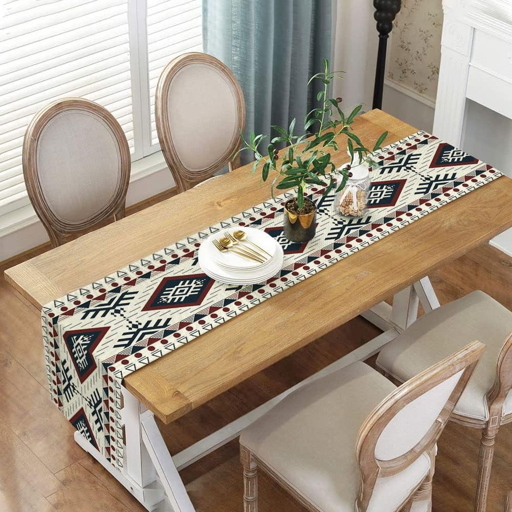 Boho Table Runner, Southwestern Native Tribal Ethnic Linen Burlap Table ...