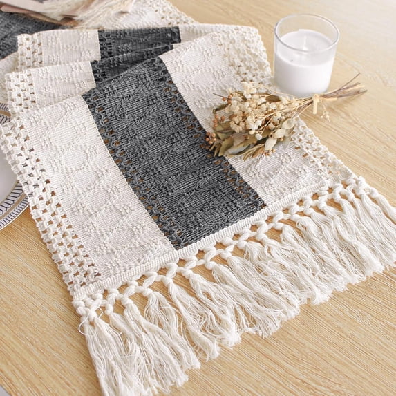 Boho Table Runner with Tassels 72 Inches Long Rustic Farmhouse Grey ...