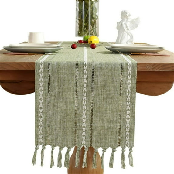 Boho Table Runner with Handmade Fringe Natural Linen Cotton Blend Long ...