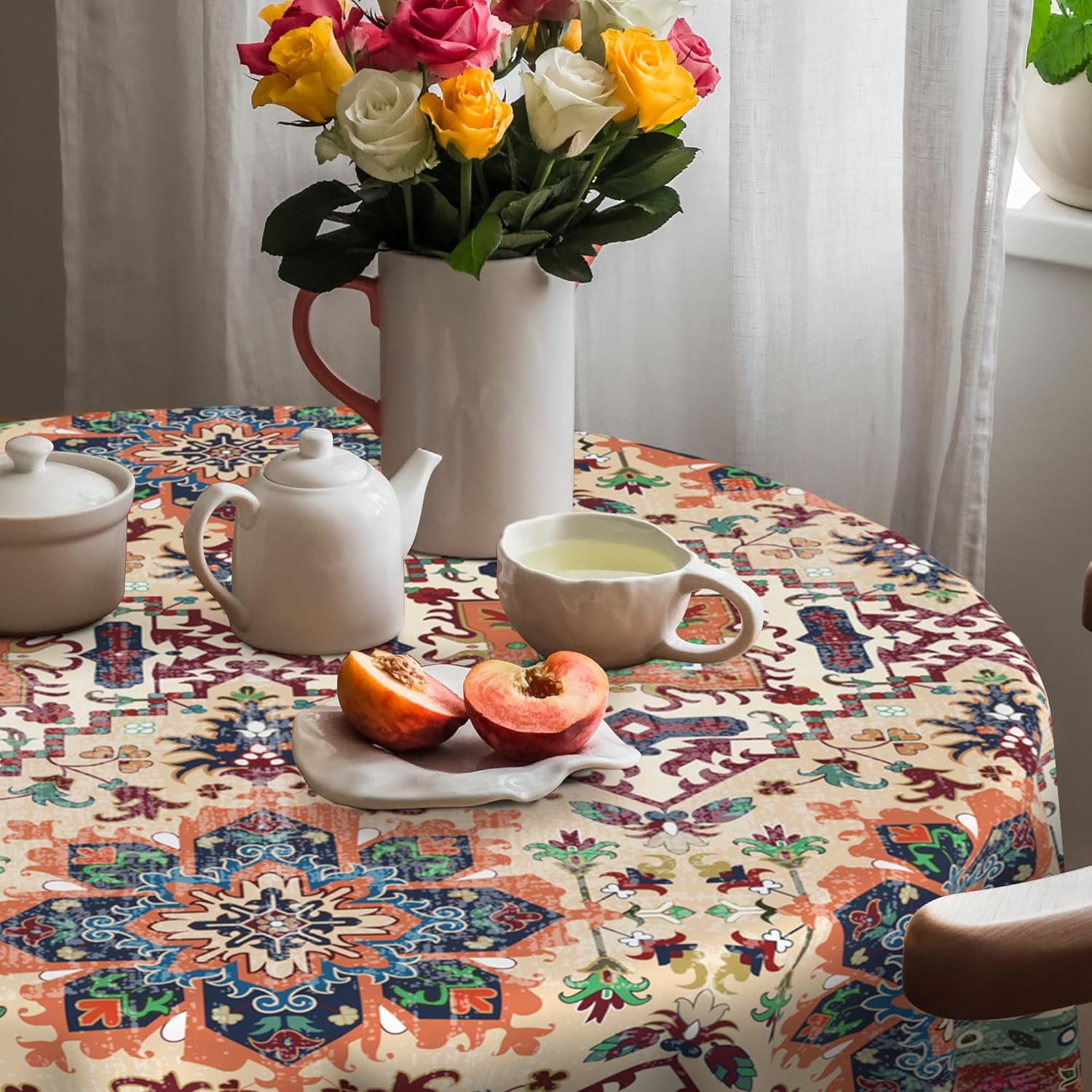 Boho Tablecloth 60 Inches Round Summer Rustic Vintage Waterproof Table ...