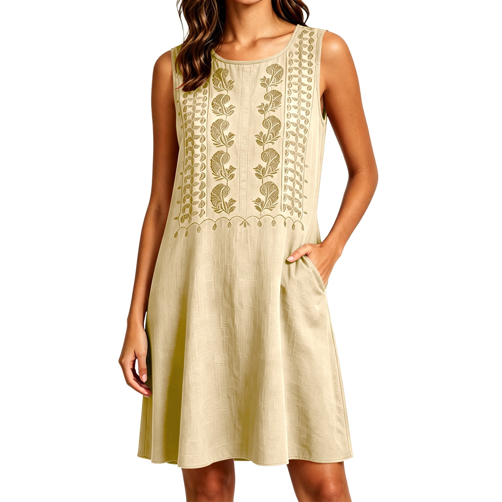 Boho Tank Dress for Women Crew Neck Sleeveless Swing Dress Floral ...