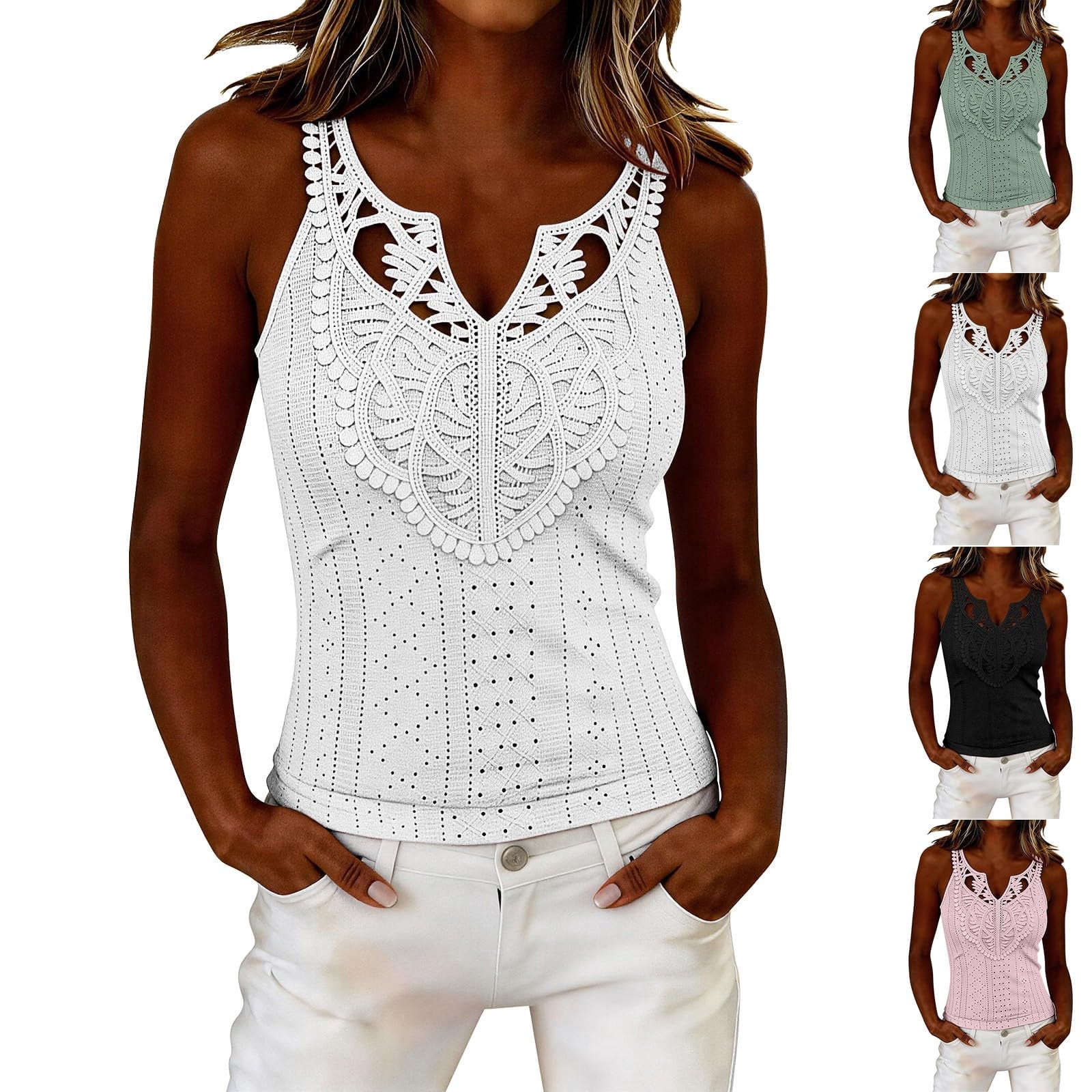 Boho Tank Tops for Women Summer Floral Lace Trim V Neck Stretch ...
