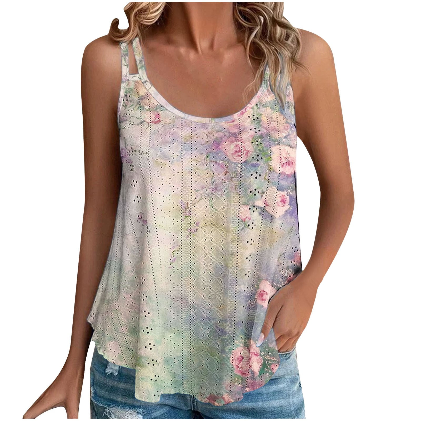 Boho Tank Tops for Women Eyelet Embroidery Round Neck Spaghetti Straps ...