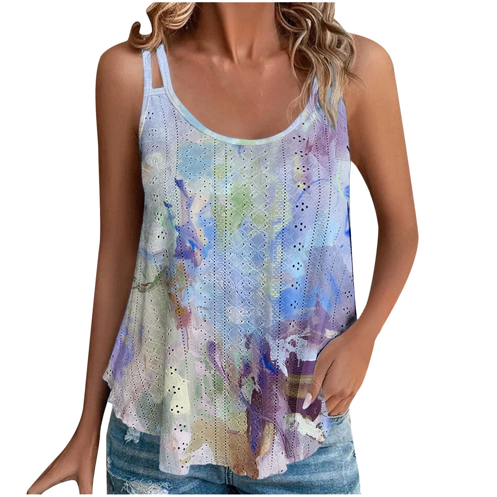 Boho Tank Tops for Women Eyelet Embroidery Round Neck Spaghetti Straps ...