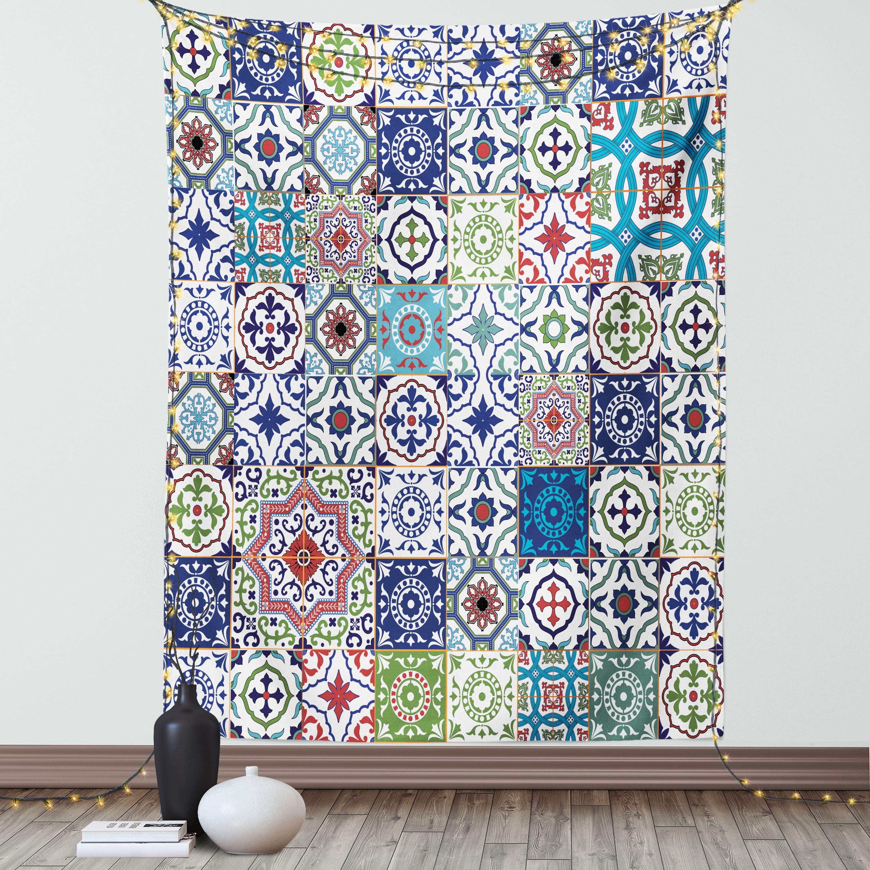 Boho Tapestry, Colorful Traditional Asian Elements Floral Motifs on ...