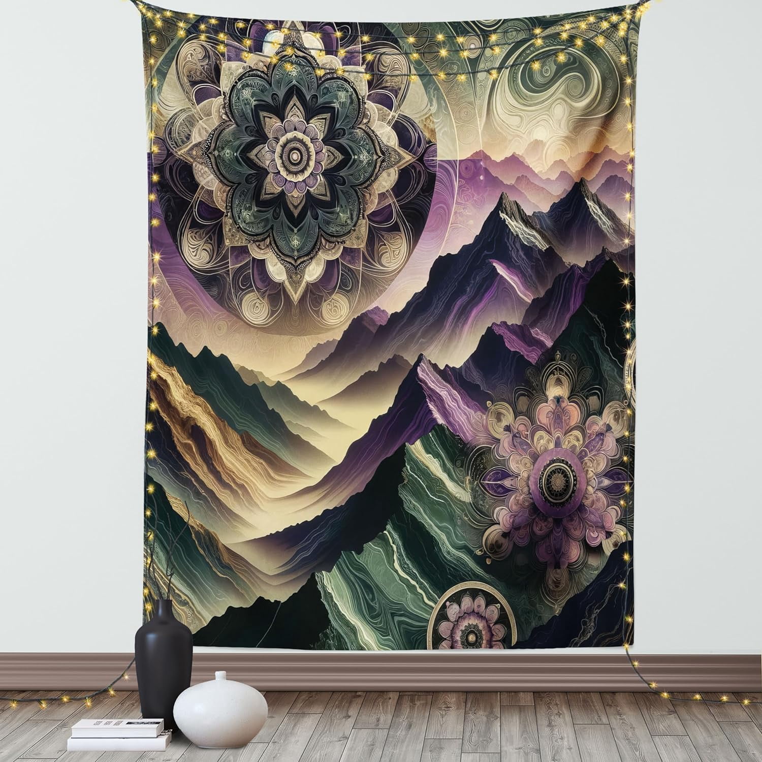Boho Tapestry, Dreamy Tones Wilderness Scenery with Mountains and ...
