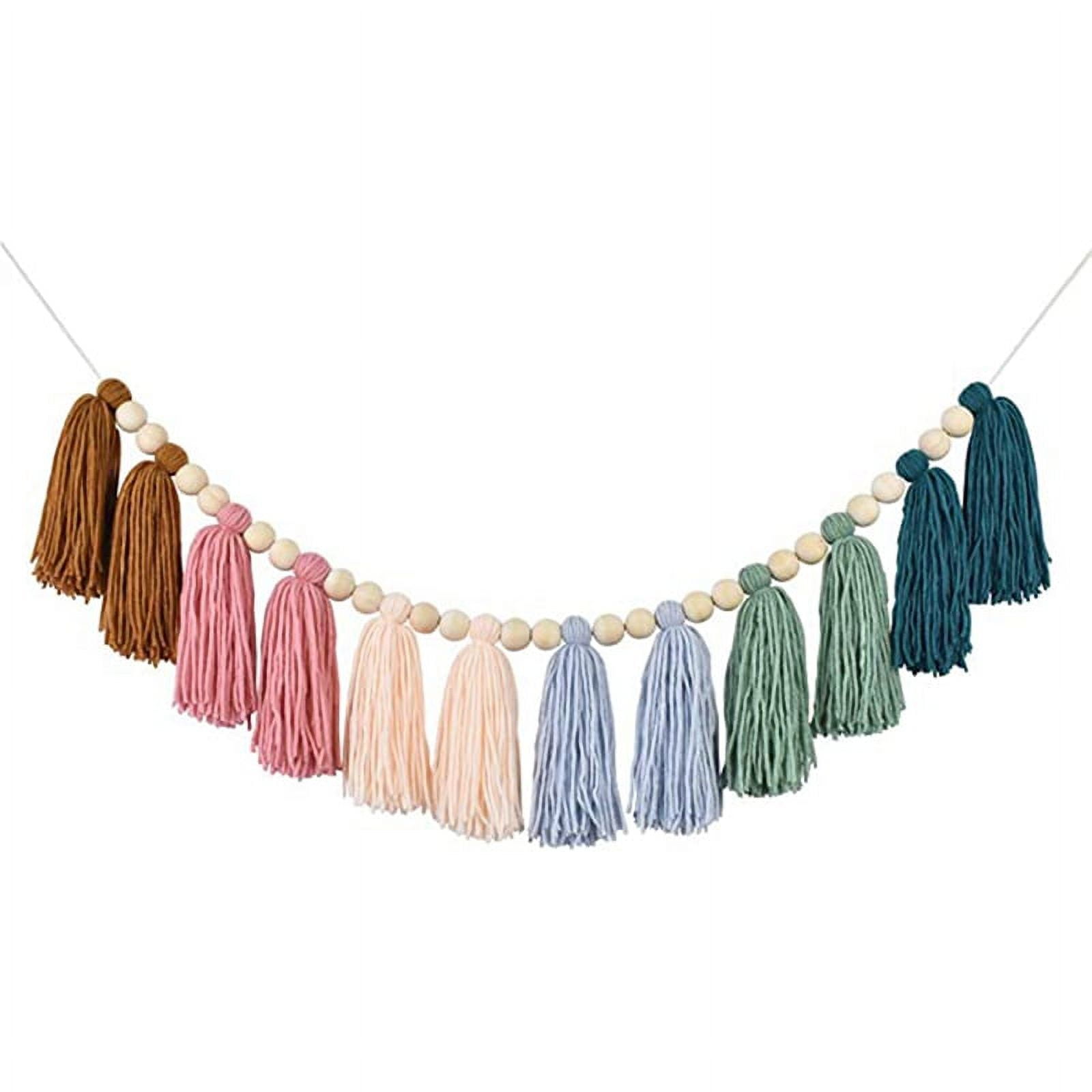 Boho Tassel Garland with Wood Bead Earth Toned Rainbow Garland for ...
