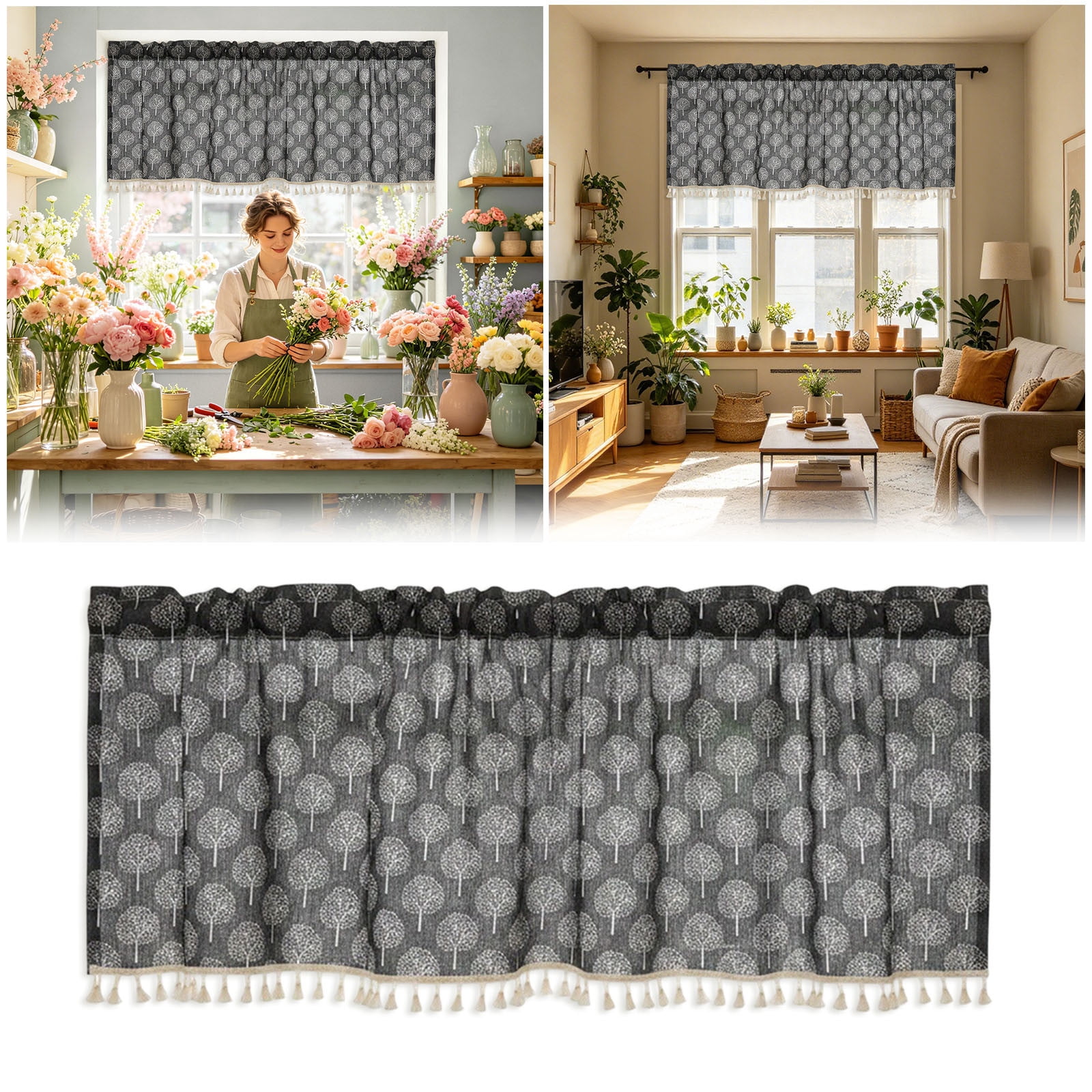 Boho Tassel Kitchen Valance 59 x 24 Inch, Modern Farmhouse Cotton Linen ...