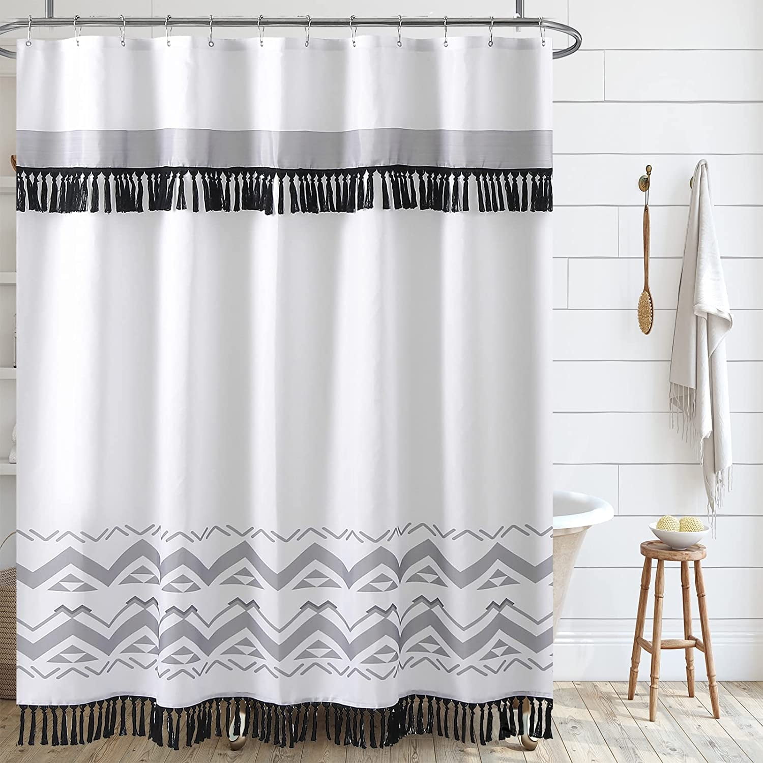 Boho Tassels Shower Curtain,Bohemia Geometry Chic Shower Curtains Set for Bathroom,Black and ...