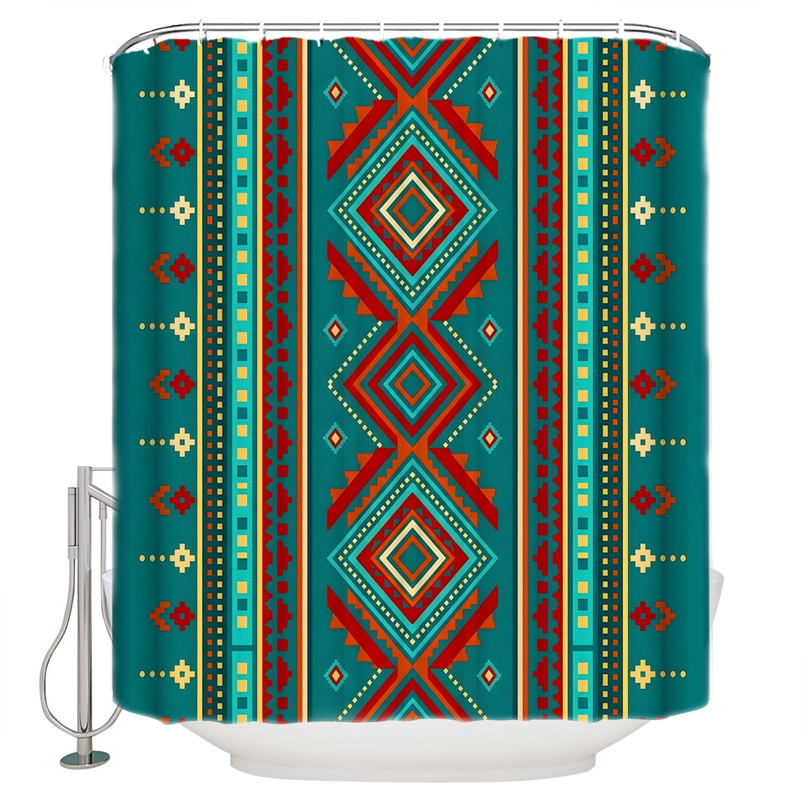 Boho Teal Bathroom Shower Curtains with 12 Hooks Polyester Waterproof ...