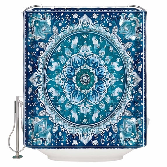 Boho Teal Blue Bathroom Shower Curtains with 12 Hooks Polyester ...