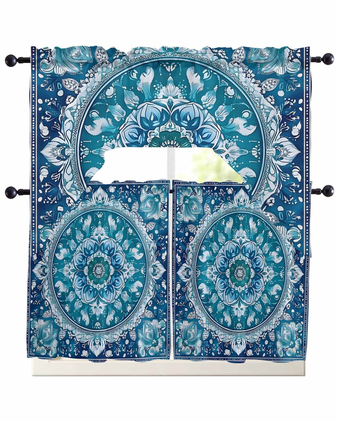 Boho Teal Blue Kitchen Curtains Swag Valance and Tier Curtains Set 24 ...