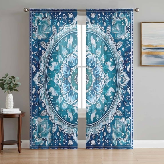 Boho Teal Blue Sheer Curtains 84 Inch Length 2 Panels Set, Abstract ...
