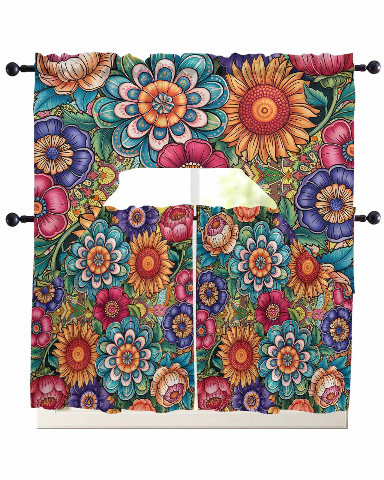 Boho Teal Flower Swag Kitchen Curtains Sets for Windows 24 Inch Length ...