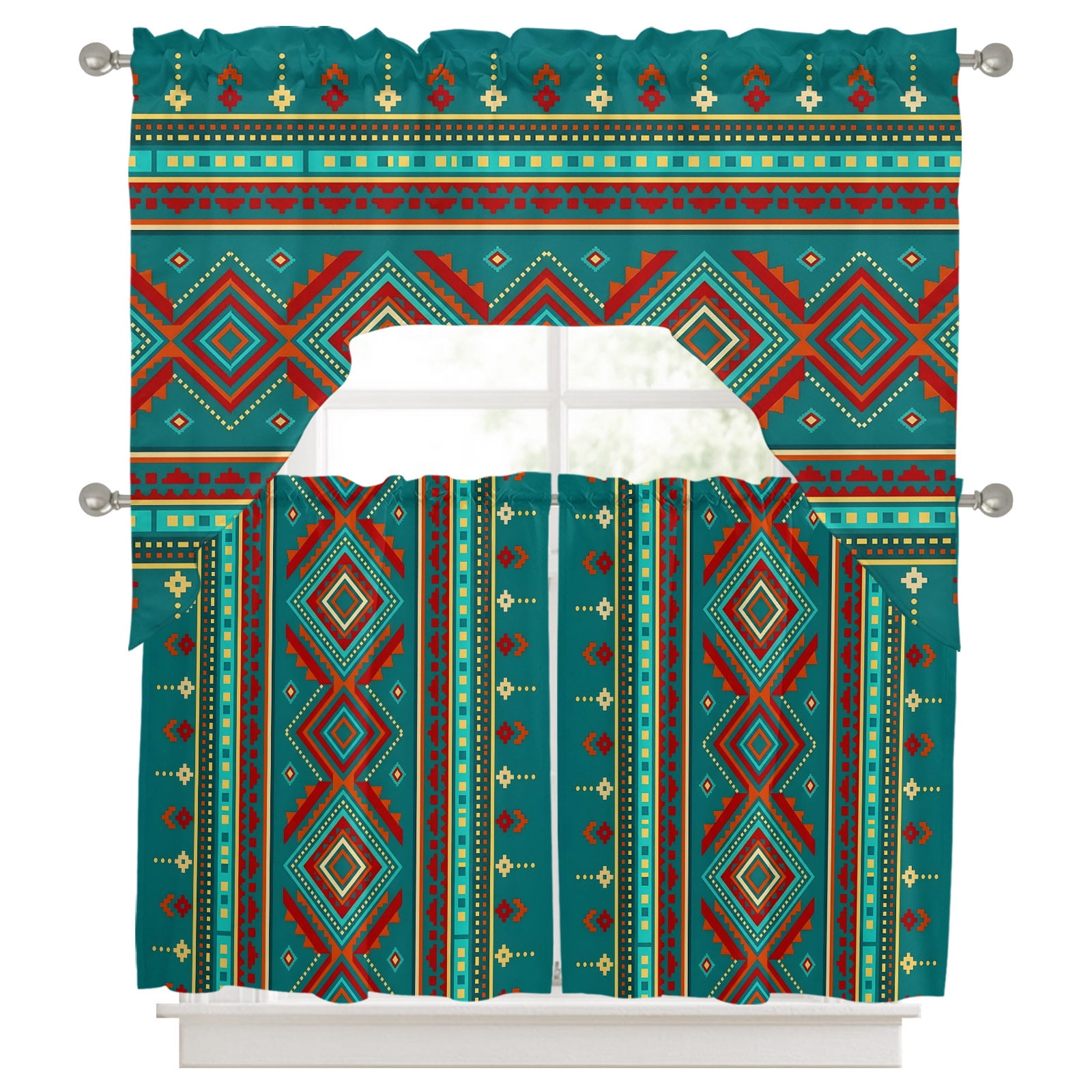 Boho Teal Kitchen Curtains Swag Valance and Tier Curtains Set 24 Inch ...