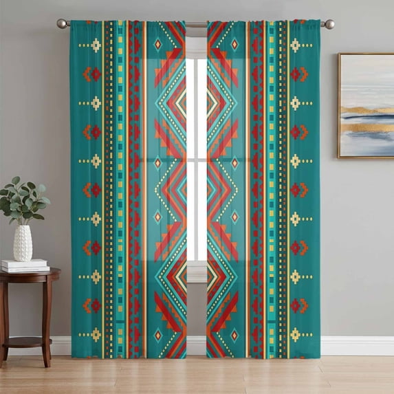 Boho Teal Sheer Curtains 84 Inch Length 2 Panels Set, Modern Abstract ...