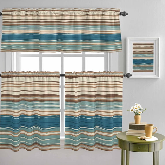 Boho Teal Stripes Color Block Curtain Tier and Valance Set 3 Piece ...
