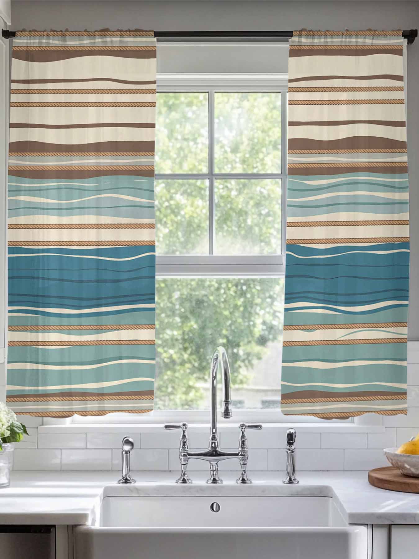Boho Teal Stripes Color Block Sheer Curtains 2 Panels Set Brown Stripe ...
