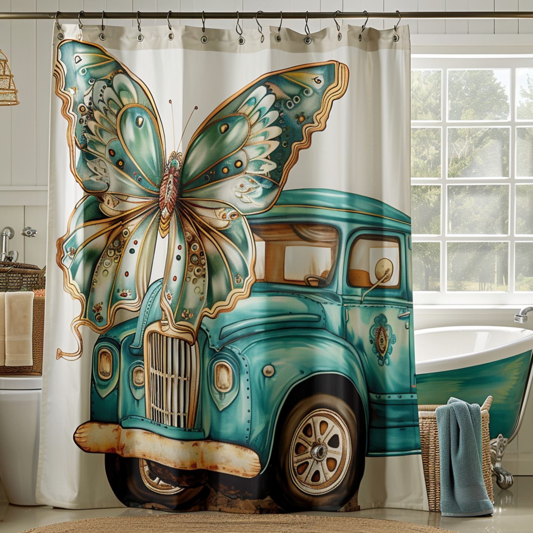 Boho Teal Truck with Butterfly Wings Shower Curtain Vintage Design on ...