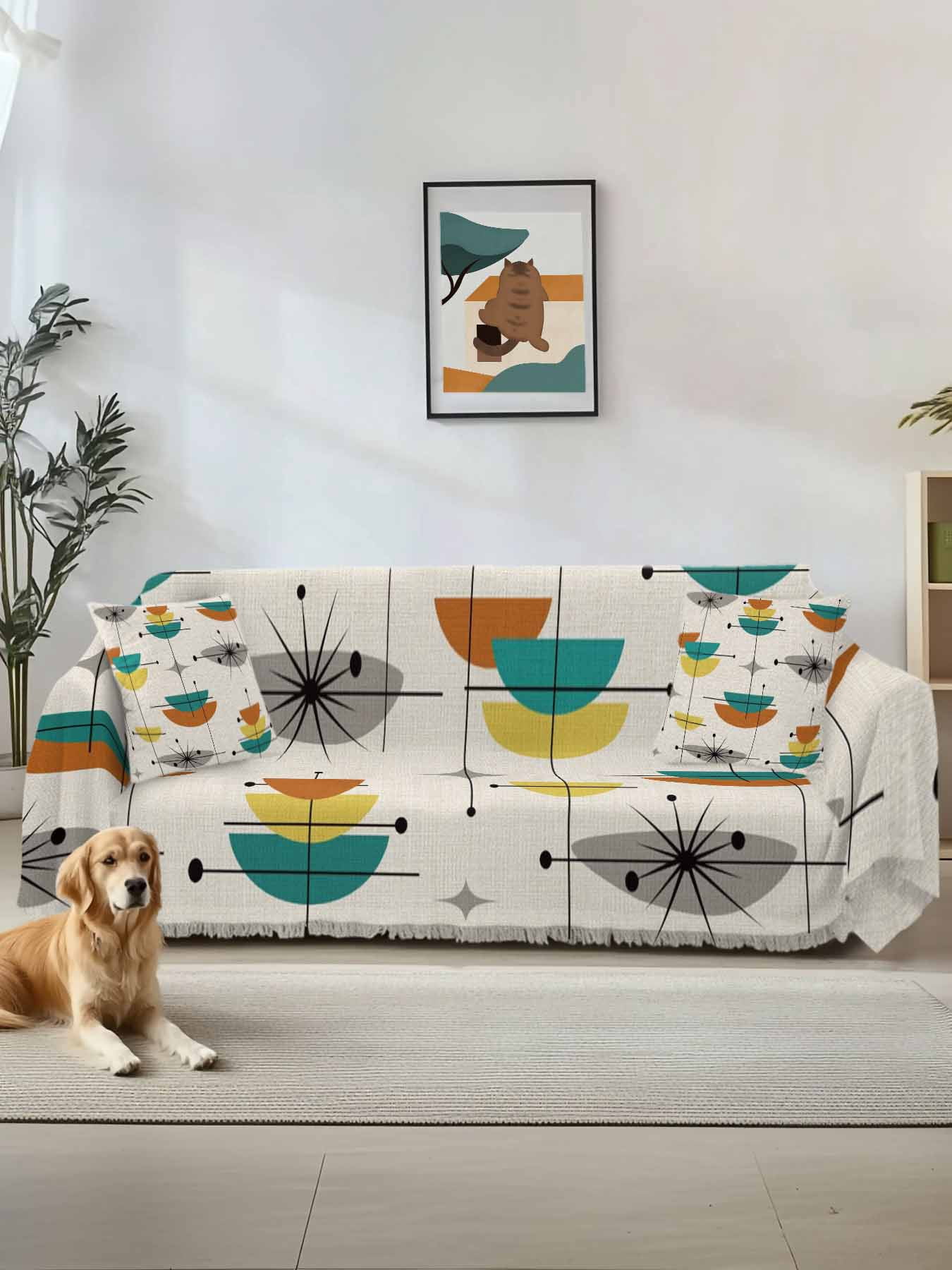 Boho Teal Yellow Orange Grey Couch Cover, Middle Century Geometric ...