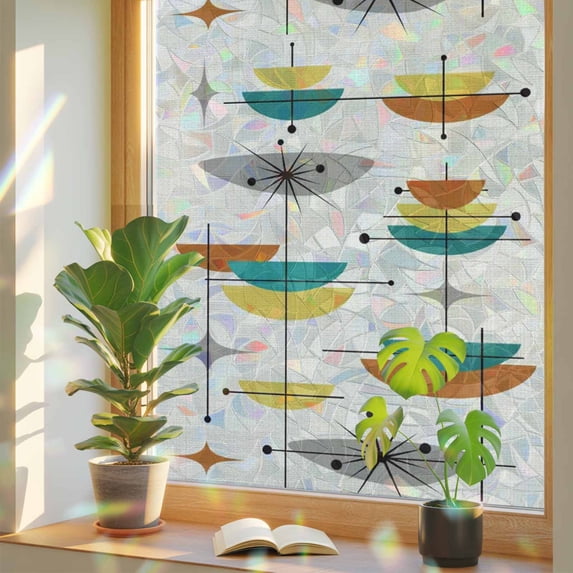 Boho Teal Yellow Orange Grey Privacy Window Film, Decorative Stained ...