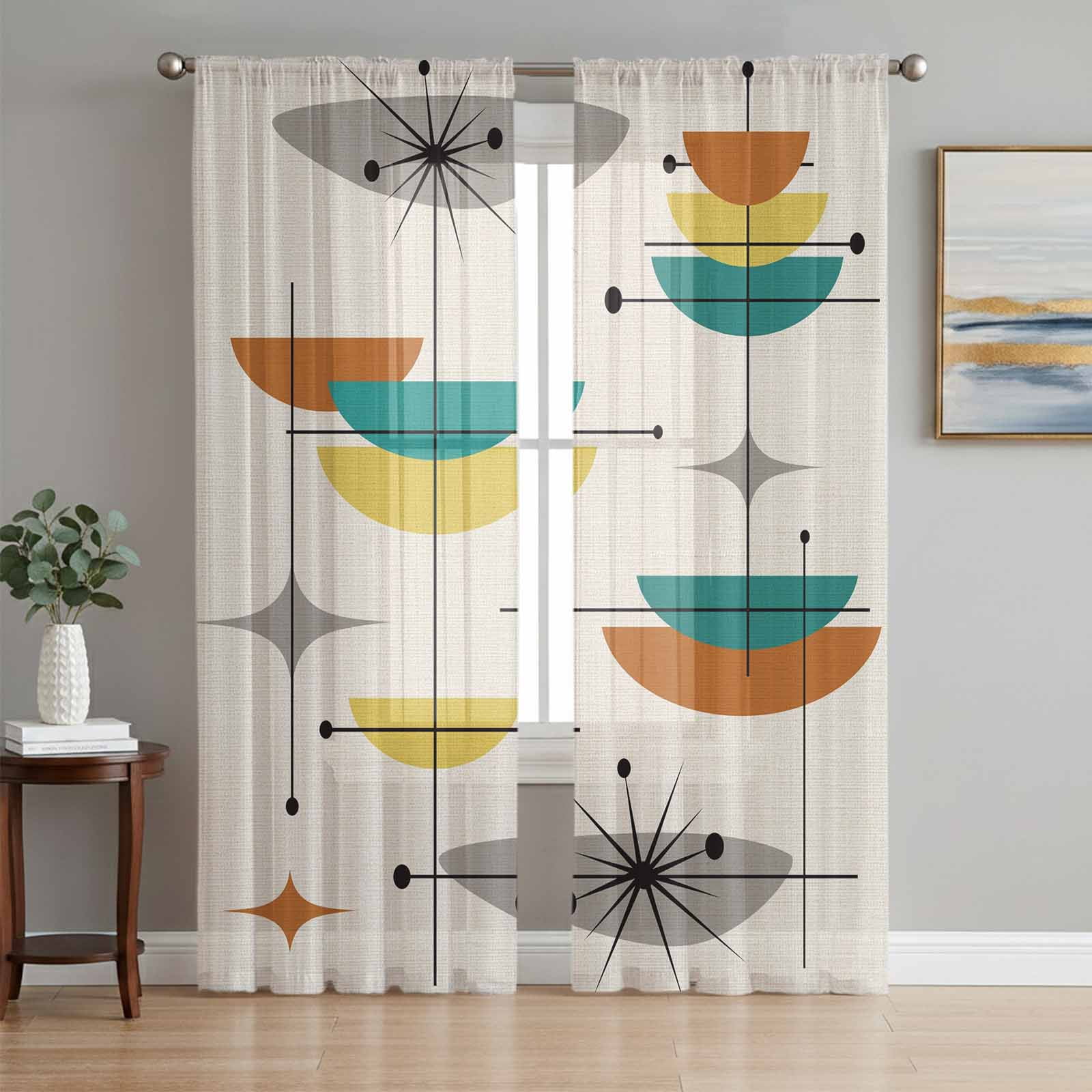 Boho Teal Yellow Orange Grey Semi Sheer Curtains 84 Inch Length 2 ...