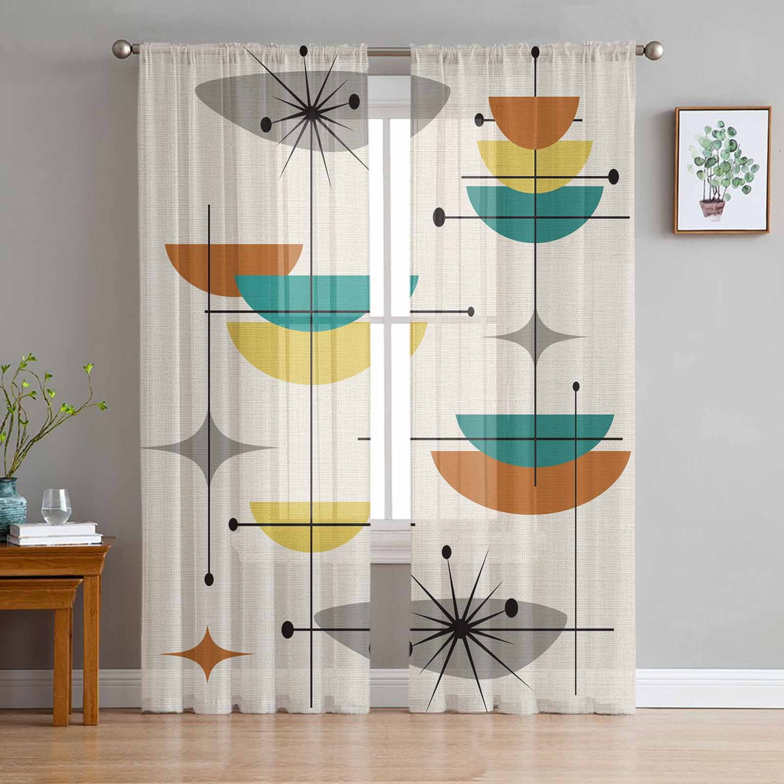 Boho Teal Yellow Orange Grey Sheer Curtains 84 Inch Length 2 Panels Set ...