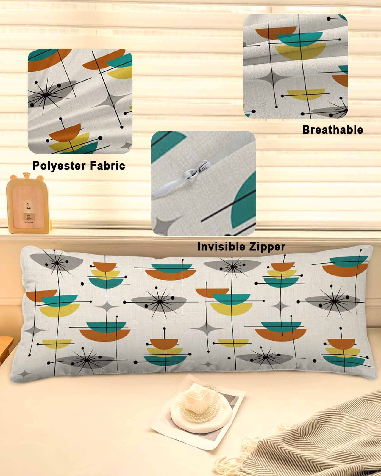 Boho Teal Yellow Orange Grey Throw Pillow Covers, Middle Century ...