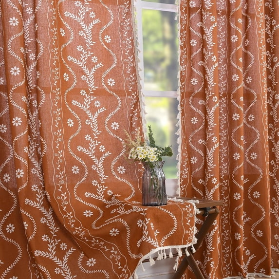 Boho Terracotta Linen Curtains 72 Inch Semi Sheer Floral Window Drapes ...