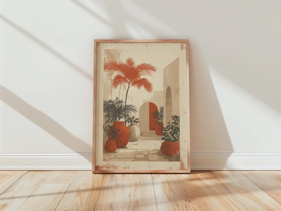 Boho Terracotta Plant Pot Arch Palm Tree Earth Tone Living Room Wall ...