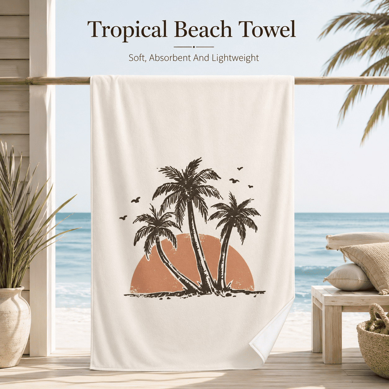Boho Terracotta Sun Black Palm Tree Cream Microfiber Sandless Quick Dry ...