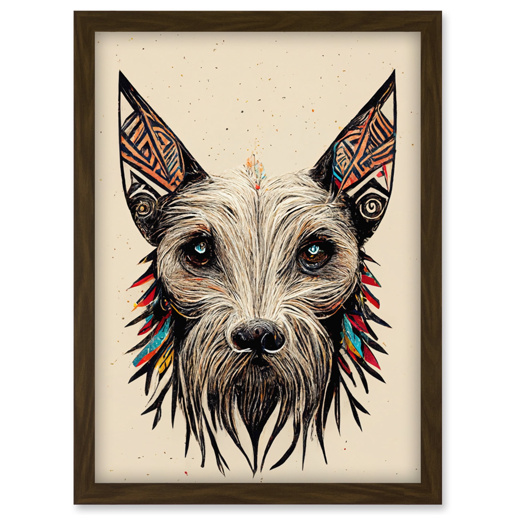 Boho Terrier Dog Face With Tribal Style Ears Artwork Framed Wall Art ...