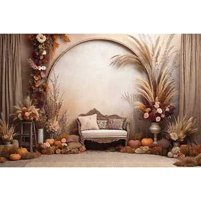 Boho Thanksgiving Photography Background Thatch Arch Pumpkin Photoz ...
