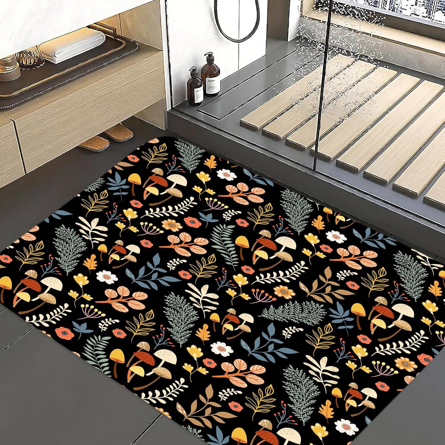 Boho Throw Black Throw Floral Bathroom Rugs Mat, Soft Non Slip Rubber ...