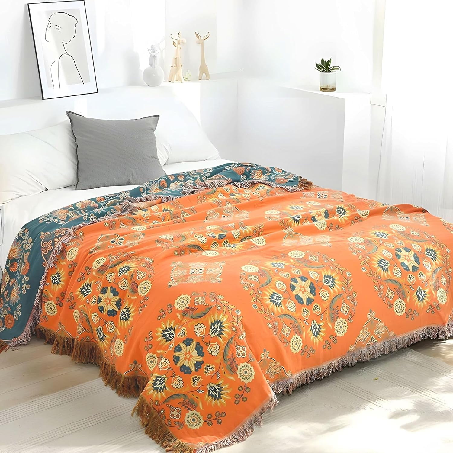 Boho Throw Blanket for Bed - 100% Pure Cotton Ultra Soft Rustic Quilt ...