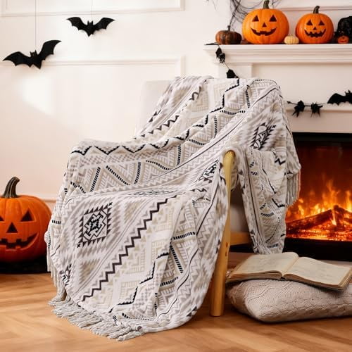 Boho Throw Blanket - Green and Beige Decorative Blankets with Tassel ...