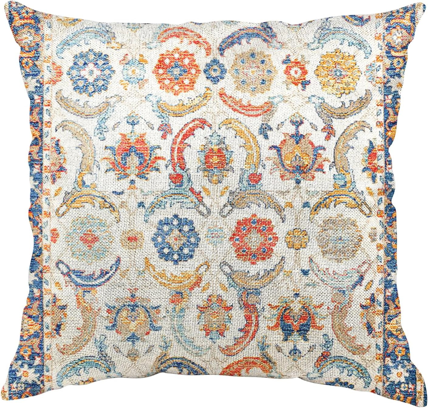 Boho Throw Pillow Cover Blue Orange Carpet Pattern Antique Ethnic ...