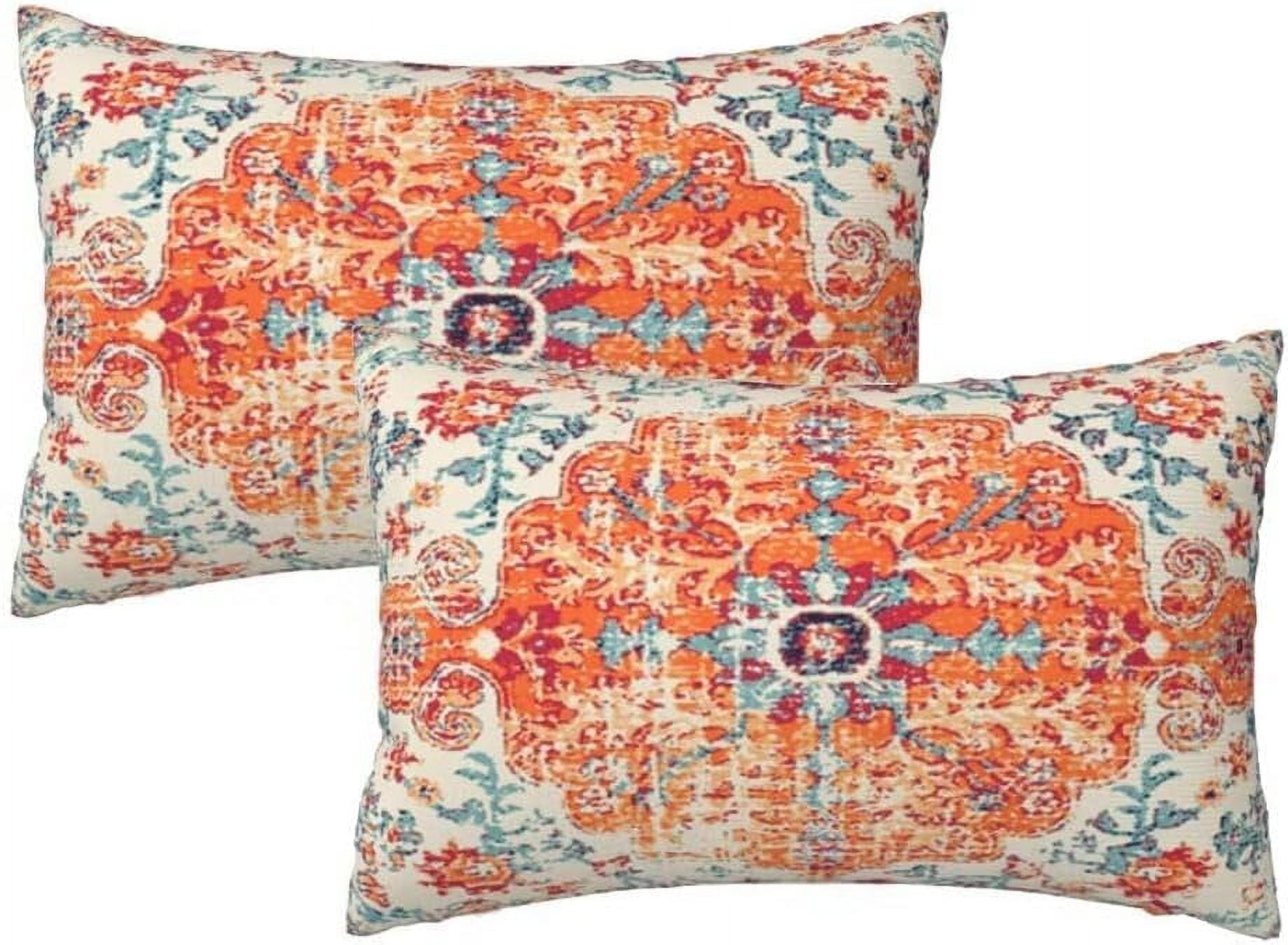 Boho Throw Pillow Covers 12 x 20 Set of 2, Orange Blue Ethnic Design ...