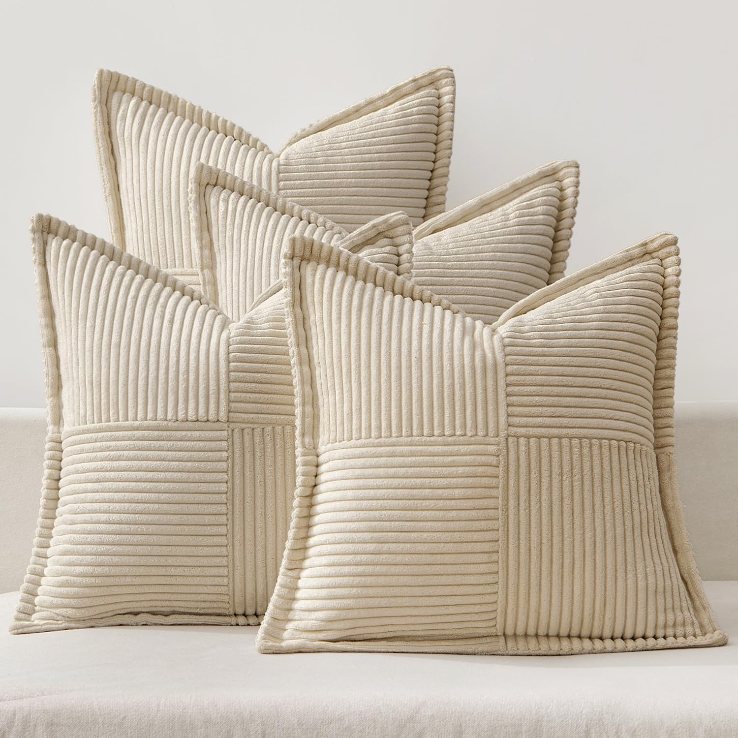 Boho Throw Pillow Covers 16x16 Inch, 4-Pack Soft Corduroy Patchwork ...