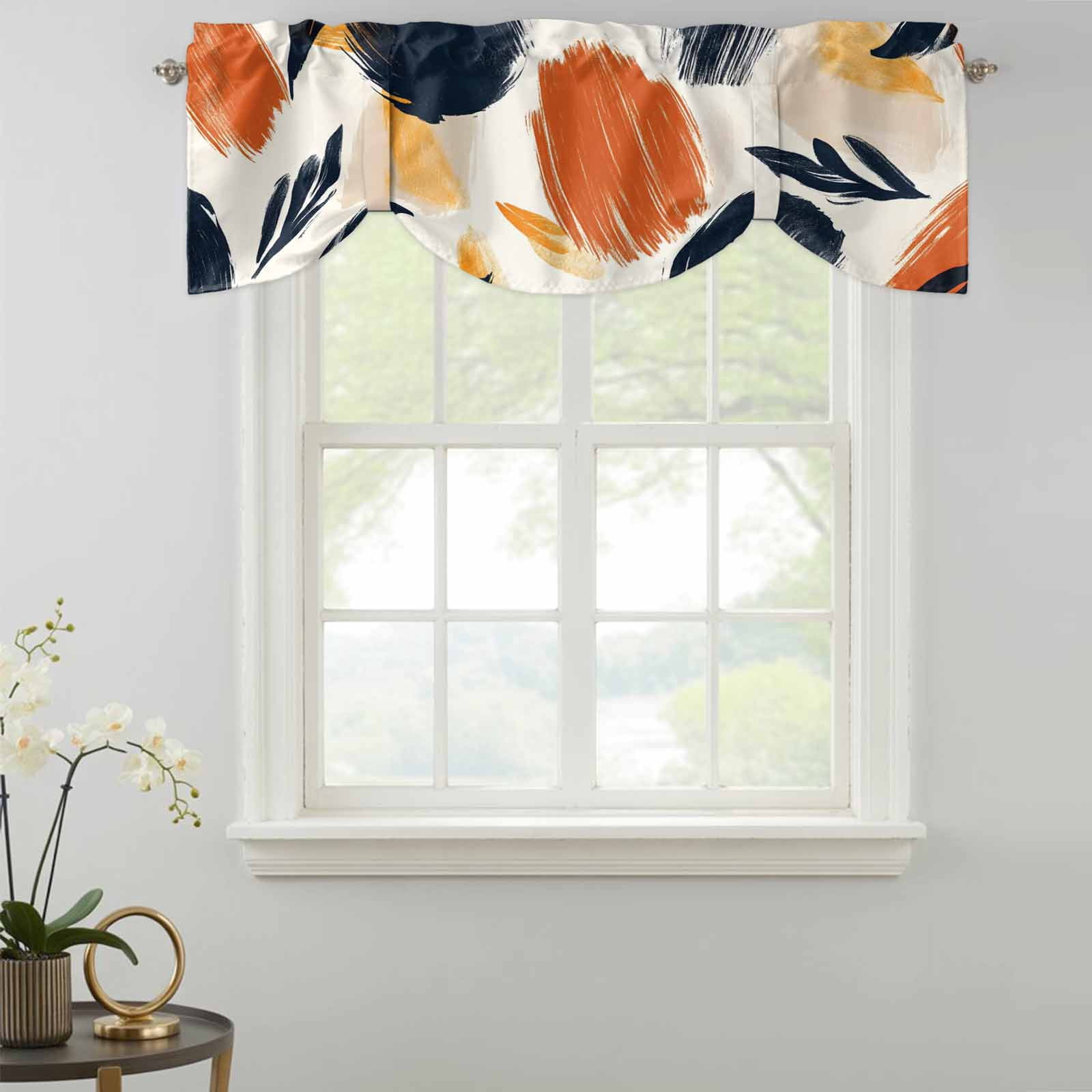 Boho Tie Up Valances Curtain, Abstract Art Orange Navy Blue Leaf Modern ...