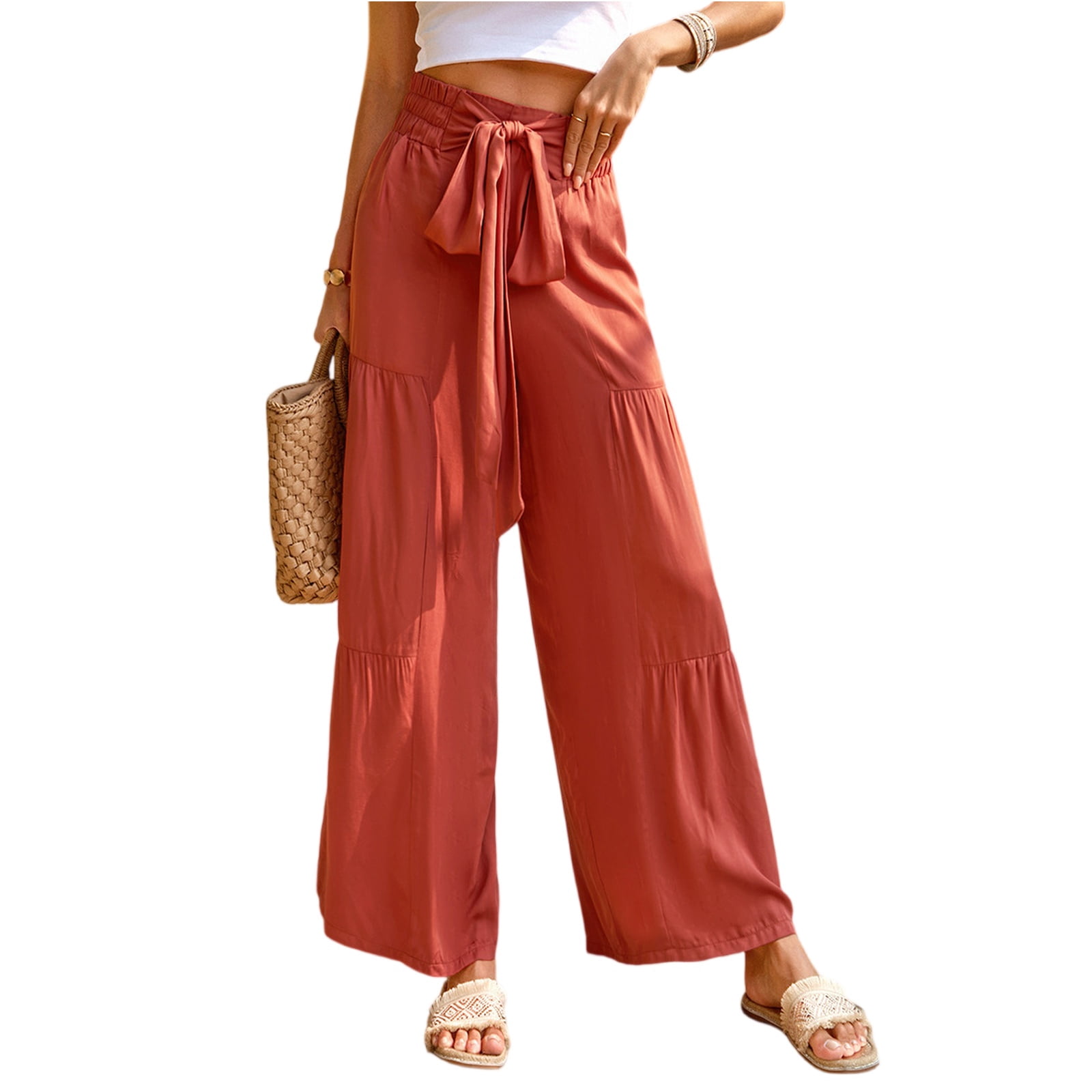 Boho Tiered Palazzo Pants for Women, High Rise Belted Wide Leg Trousers ...