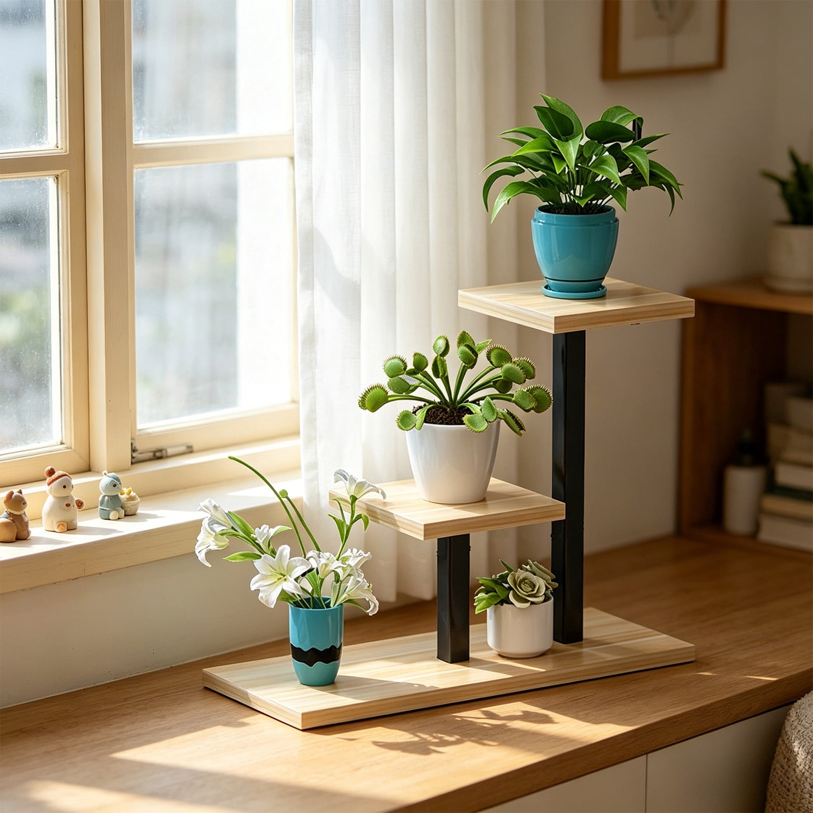 Boho Tiered Wooden Plant Stand – Small Indoor Flower Shelf for Plant ...