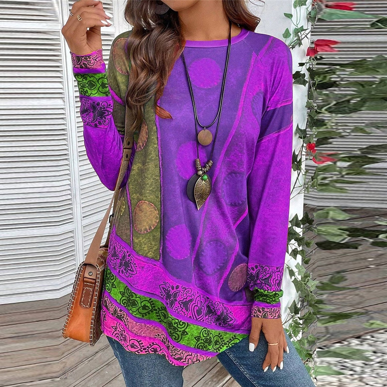 Boho Tops For Women Tunic Tops For Women Loose Fit Dressy Fall Crewneck ...