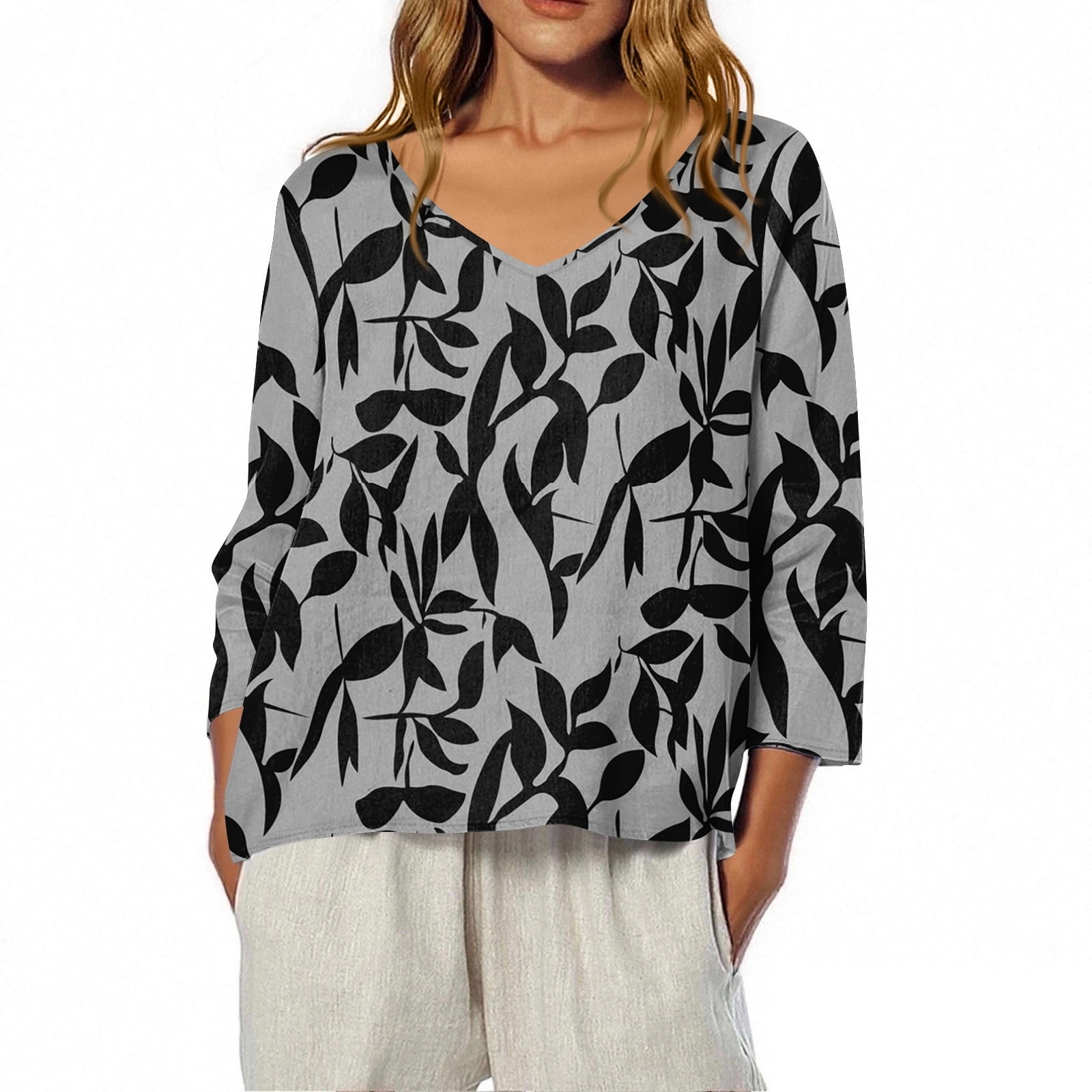 Boho Tops for Women 3/4 Length Sleeve Light Gray V Neck T Shirts Women ...