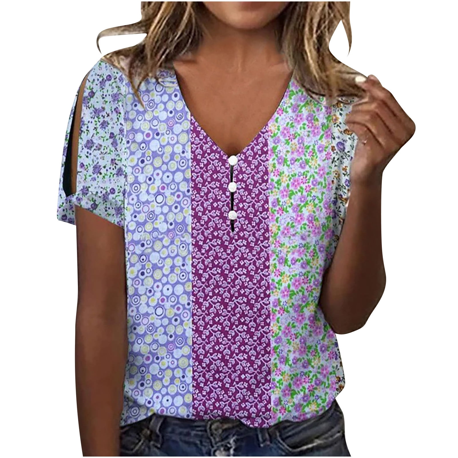 Boho Tops for Women Hippie Floral Shirts 2025 Cold Shoulder Short ...