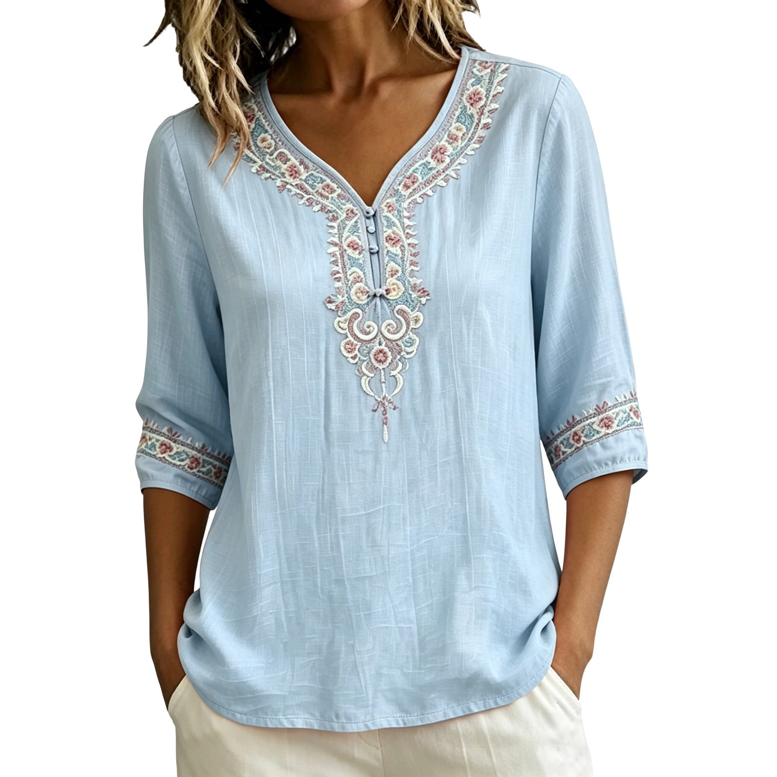 Boho Tops for Women 2026 Summer Embroidered Cotton Linen Shirts 3/4 ...